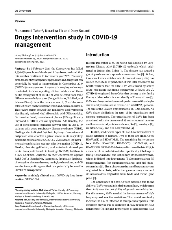 (PDF) Drugs intervention study in COVID-19 management