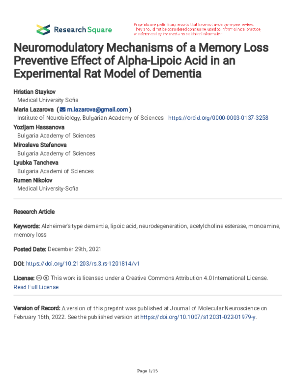 (PDF) Neuromodulatory Mechanisms of a Memory Loss-Preventive Effect of ...