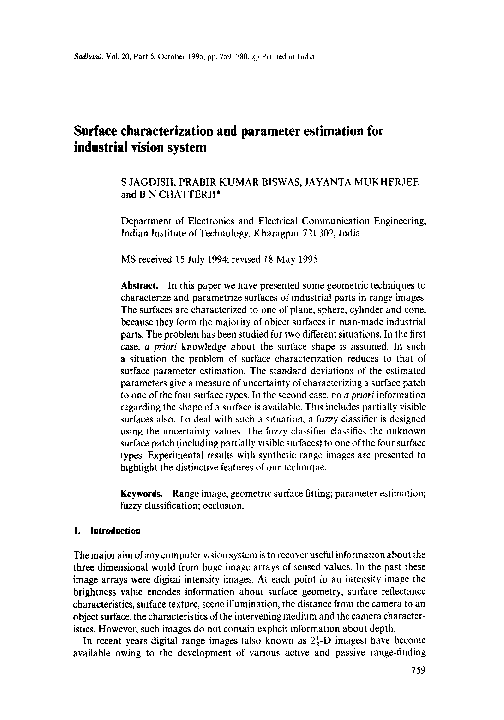 (PDF) Surface characterization and parameter estimation for industrial vision system