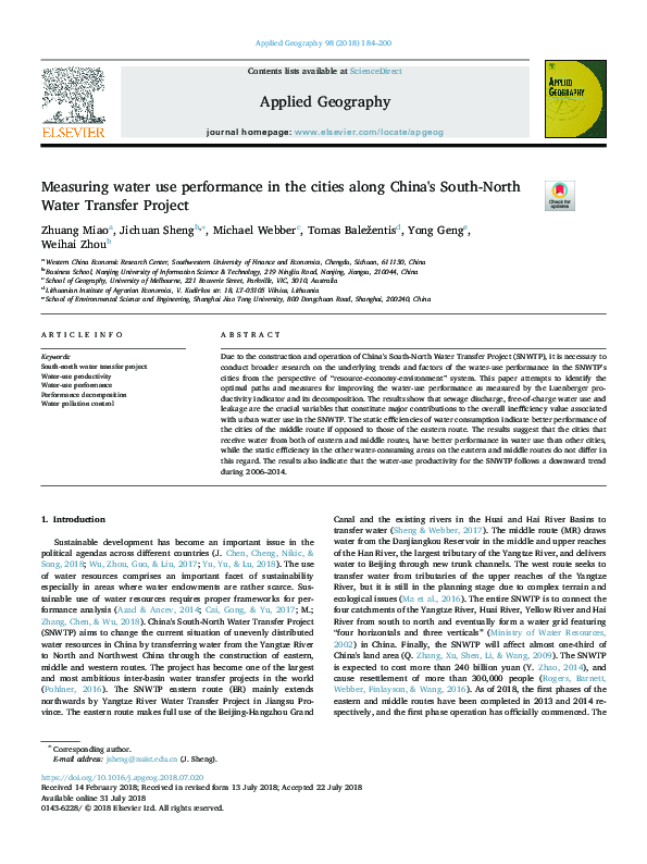 (PDF) Measuring water use performance in the cities along China's South ...