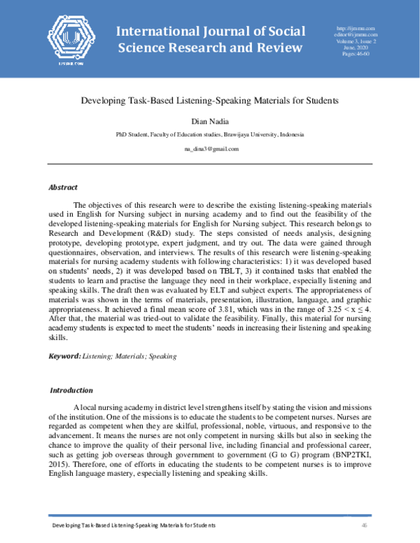 (PDF) Developing Task-Based Listening-Speaking Materials for Students | Dian Nadia - Academia.edu
