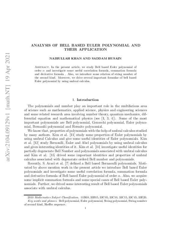 (PDF) Analysis of Bell Based Euler Polynomials and Their Application (PDF) Analysis of Bell Based Euler Polynomials and Their Application