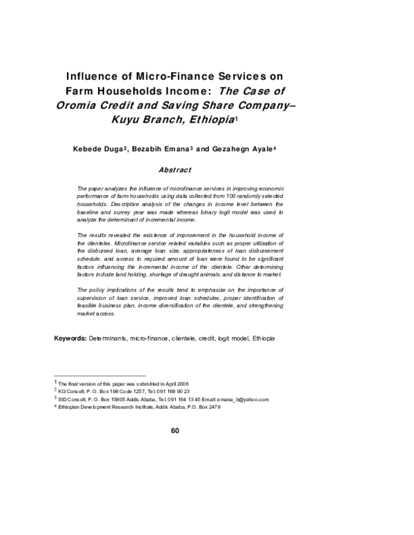 (PDF) Influence of microfinance services On farm households income: the case Of oromia credit ...