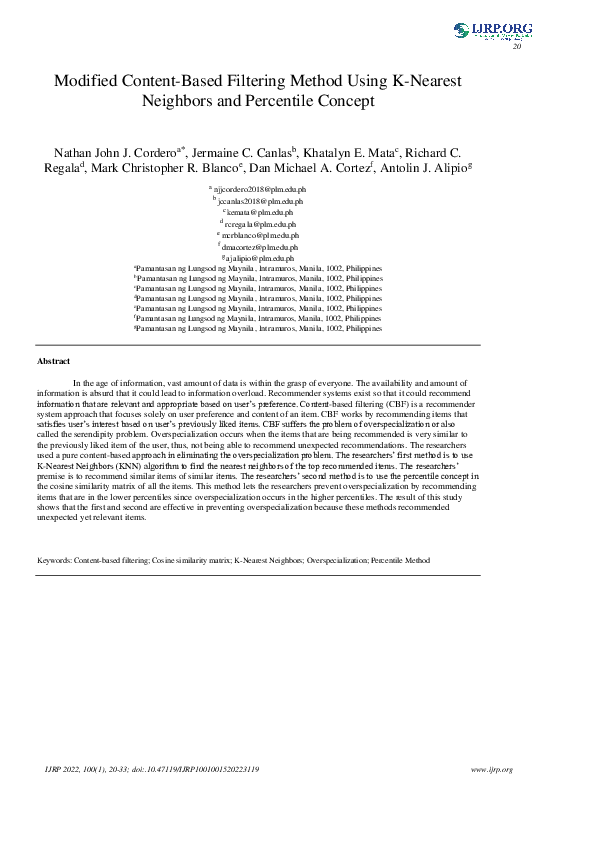 (PDF) Modified Content-Based Filtering Method Using K-Nearest Neighbors and Percentile Concept