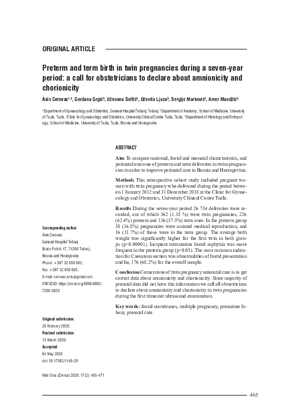 (PDF) Preterm and term birth in twin pregnancies during a seven-year ...