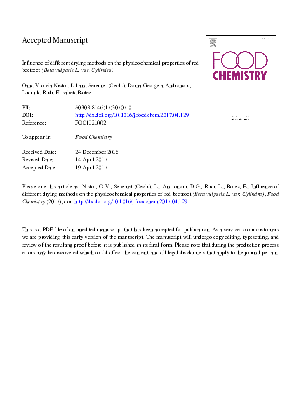 Pdf Influence Of Different Drying Methods On The Physicochemical Properties Of Red Beetroot