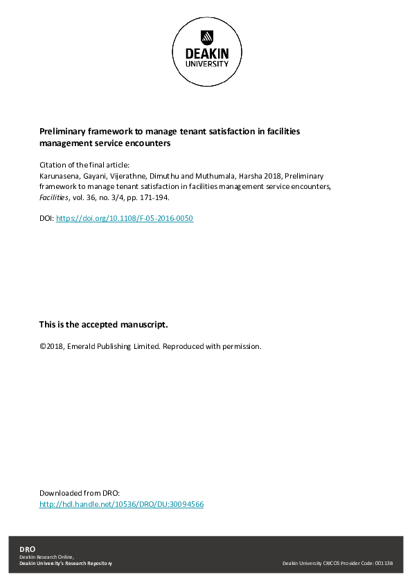 (PDF) Preliminary framework to manage tenant satisfaction in facilities ...