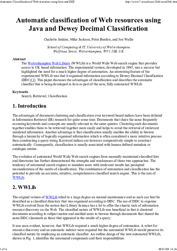 Pdf Automatic Classification Of Web Resources Using Java And Dewey Decimal Classification