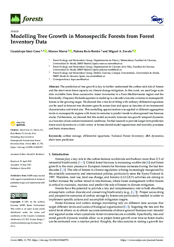 (PDF) Modelling Tree Growth in Monospecific Forests from Forest Inventory Data | Marcos Marvá ...