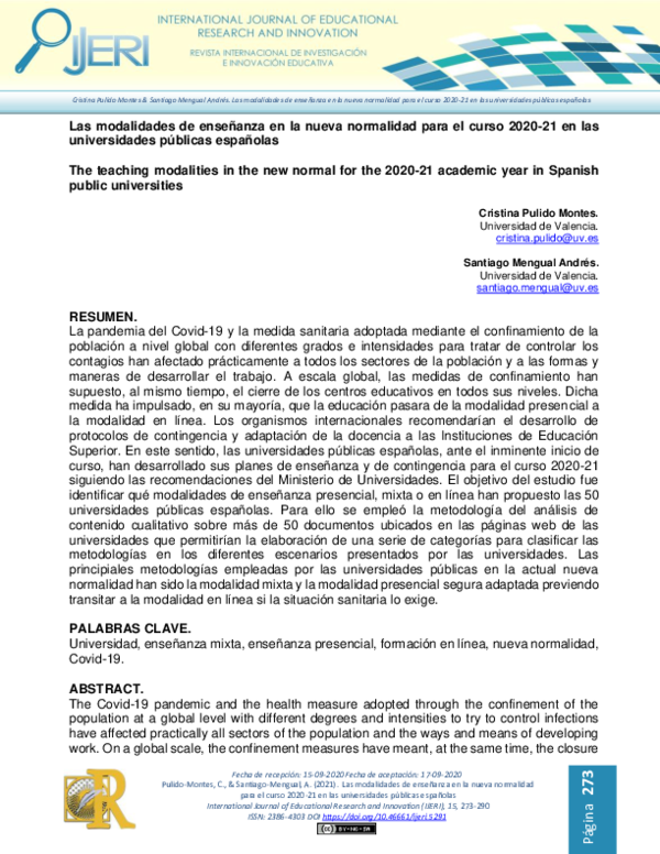 (PDF) La Universidad pública española post-Covid-19: comparación de los modelos de actividad ...