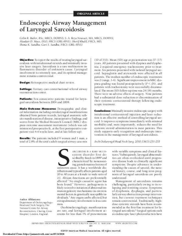 (PDF) Endoscopic Airway Management of Laryngeal Sarcoidosis | Colin ...