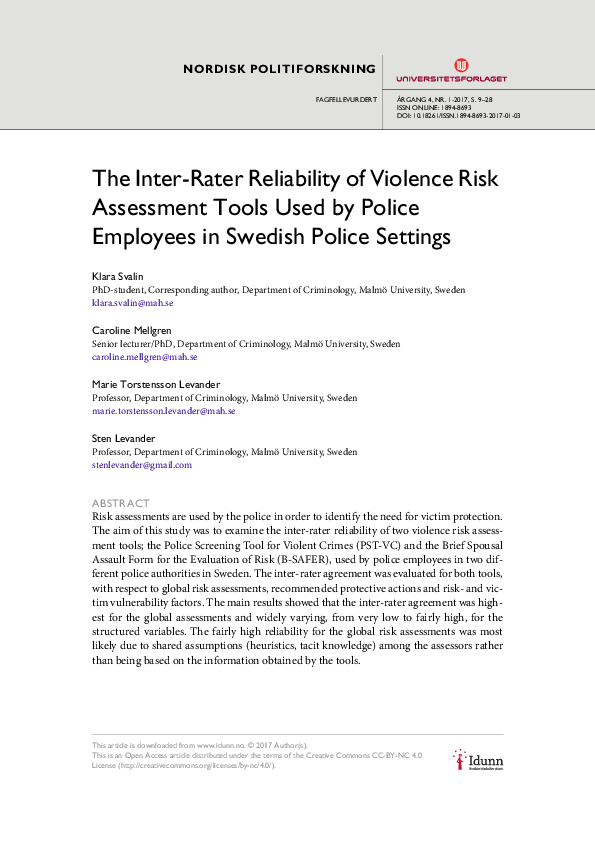 (PDF) The Inter-Rater Reliability of ViolenceRisk Assessment Tools Used ...