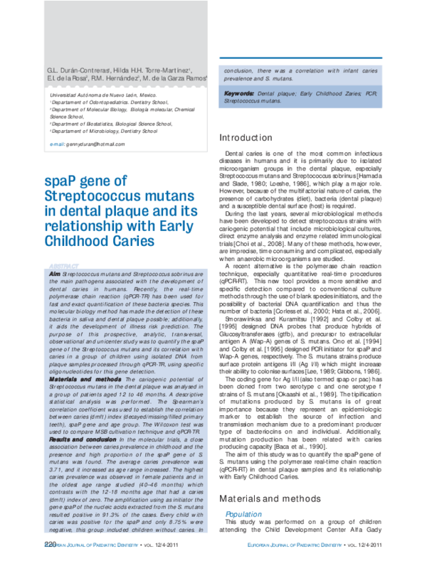 (PDF) spaP gene of Streptococcus mutans in dental plaque and its relationship with early ...