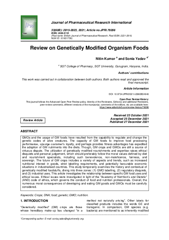 (PDF) Review on Genetically Modified Organism Foods | Sonia Yadav - Academia.edu