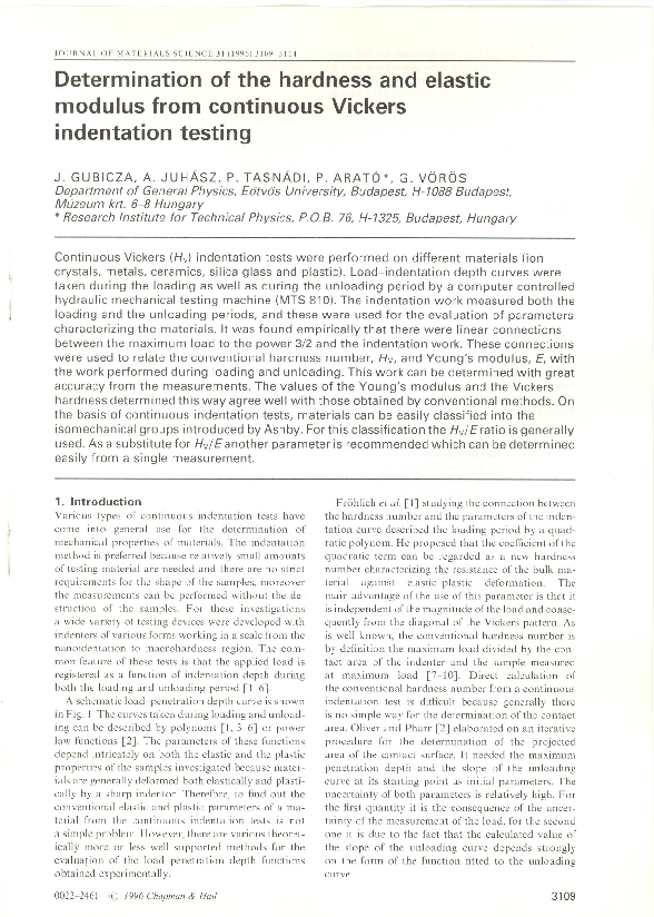 (PDF) Determination of the hardness and elastic modulus from continuous ...