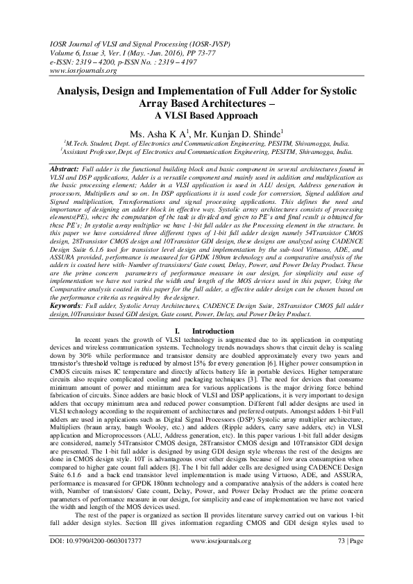 Pdf Analysis Design And Implementation Of Full Adder For Systolic Array Based Architectures