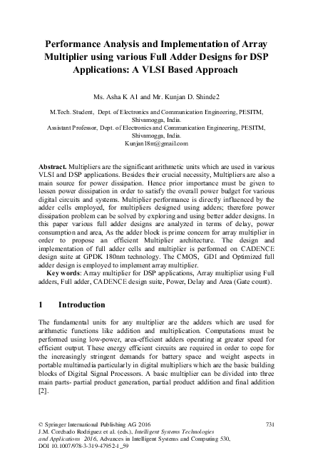 Pdf Performance Analysis And Implementation Of Array Multiplier Using Various Full Adder