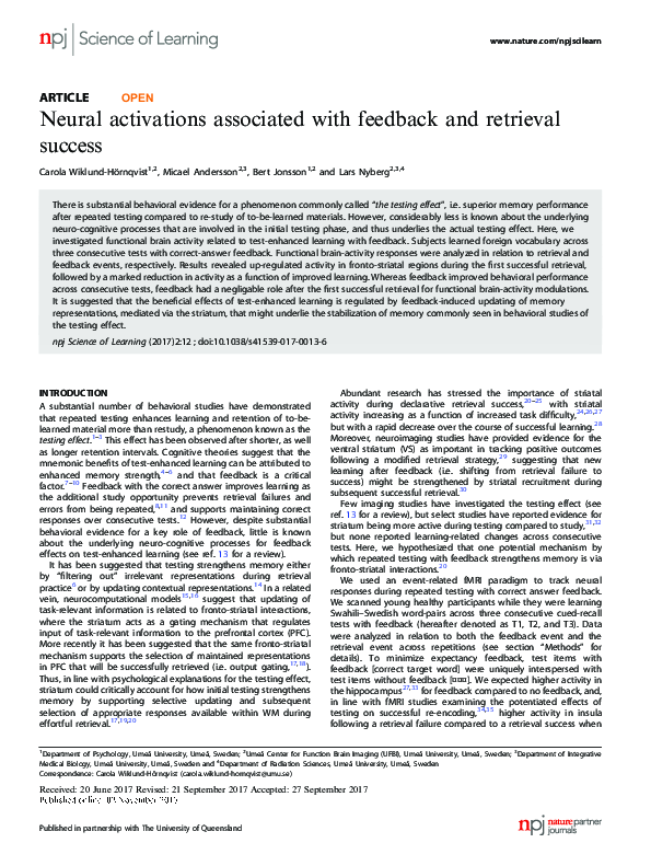(PDF) Neural activations associated with feedback and retrieval success | Bert Jonsson ...