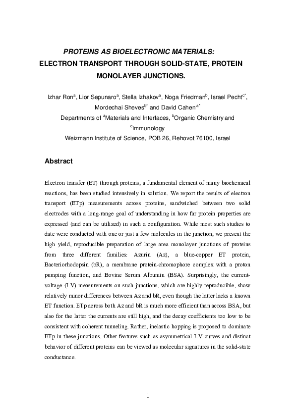 (PDF) Proteins as Electronic Materials: Electron Transport through Solid-State Protein Monolayer ...