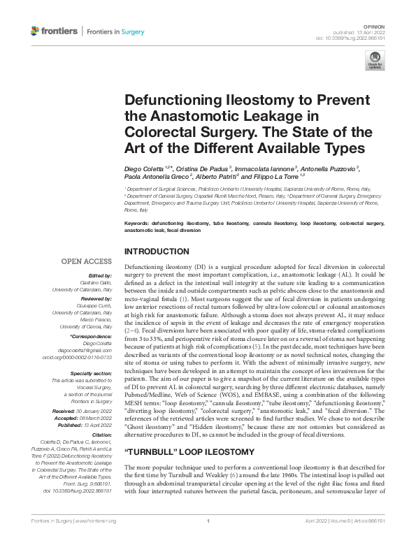 (PDF) Defunctioning Ileostomy to Prevent the Anastomotic Leakage in ...
