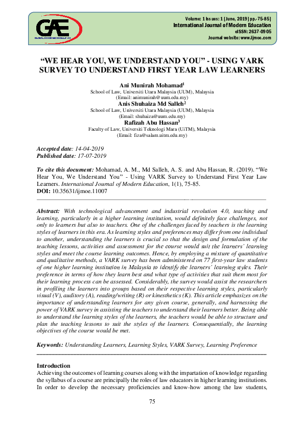 (PDF) “We Hear You, We Understand You” - Using Vark Survey to ...