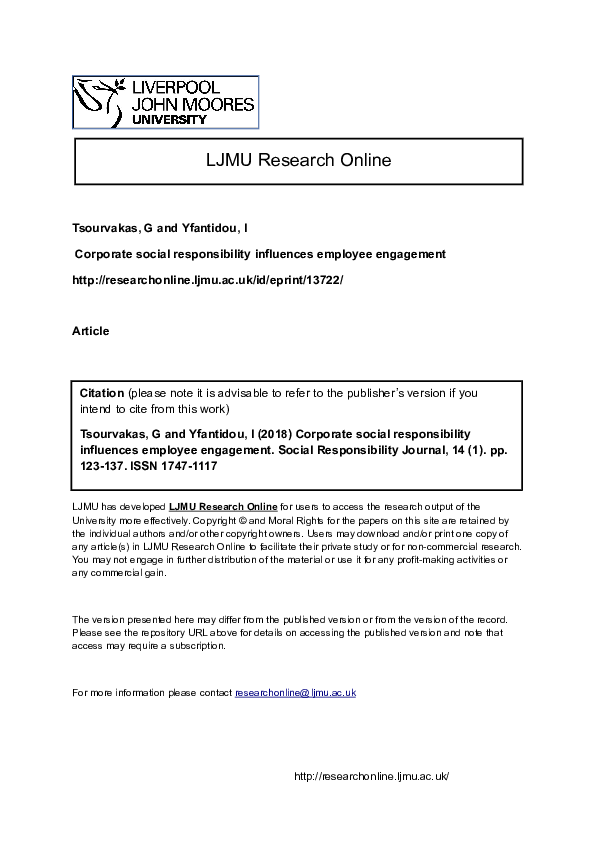 Pdf Corporate Social Responsibility Influences Employee Engagement