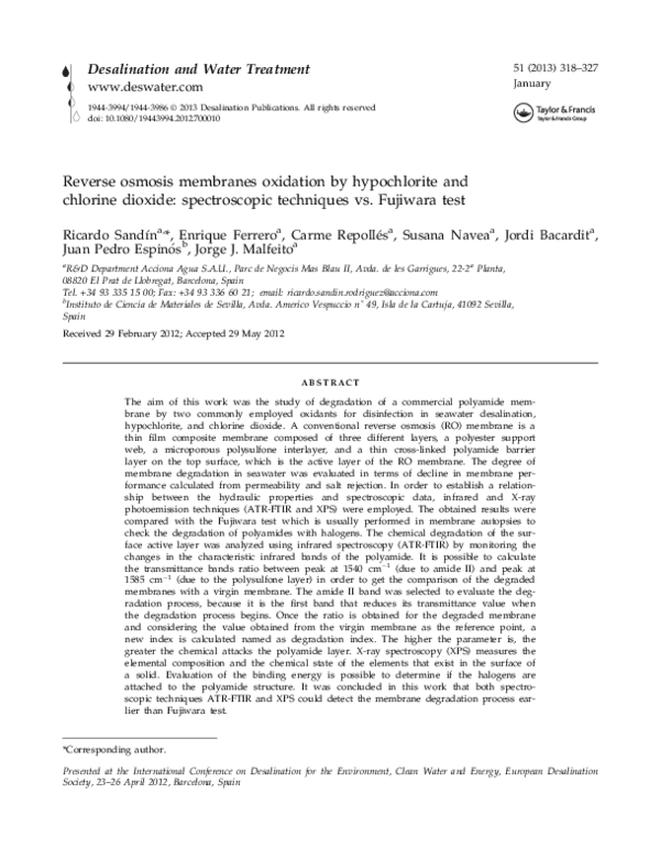 (PDF) Reverse osmosis membranes oxidation by hypochlorite and chlorine ...