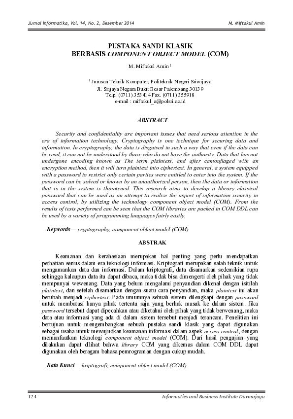 (PDF) Pustaka Sandi Klasik Berbasis Component Object Model (Com)