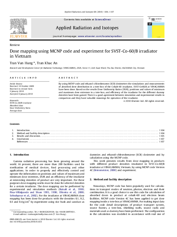 (PDF) Dose mapping using MCNP code and experiment for SVST-Co-60/B irradiator in Vietnam