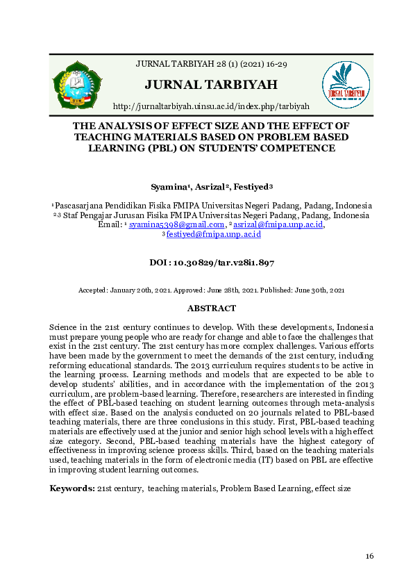 (PDF) The Analysis of Effect Size and the Effect of Teaching Materials Based on Problem Based ...