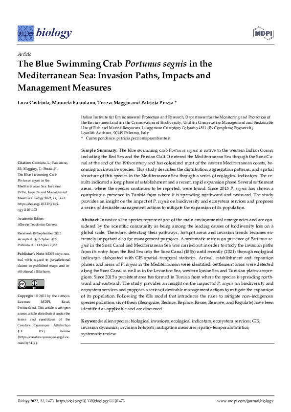(PDF) The Blue Swimming Crab Portunus segnis in the Mediterranean Sea ...