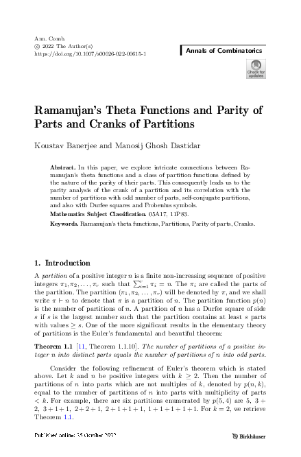 (PDF) Ramanujan’s Theta Functions and Parity of Parts and Cranks of ...