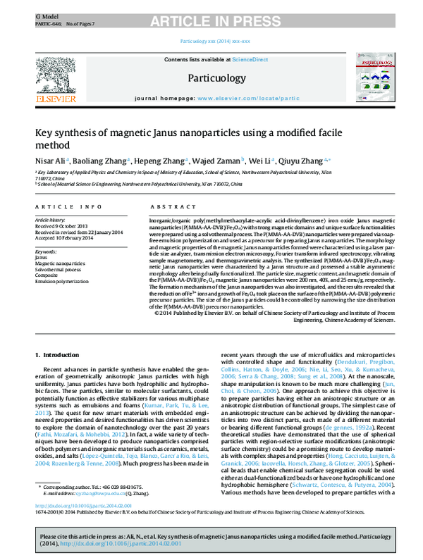 (PDF) Key synthesis of magnetic Janus nanoparticles using a modified facile method | Nisar Ali ...