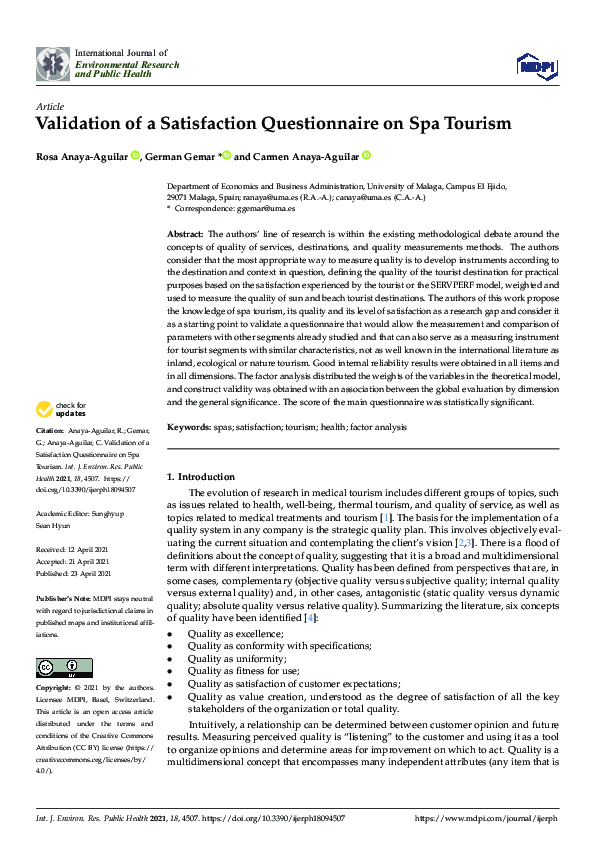 (PDF) Validation of a Satisfaction Questionnaire on Spa Tourism
