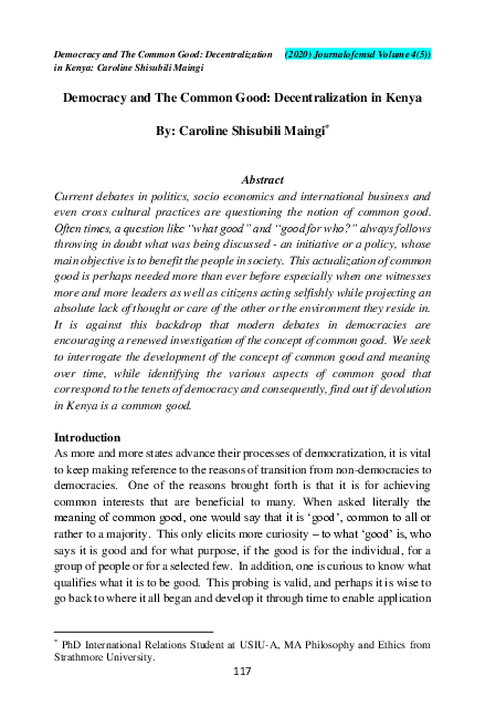 (PDF) Democracy and The Common Good: Decentralization in Kenya