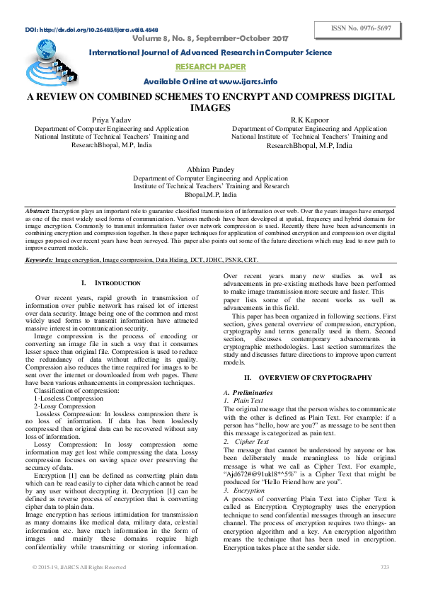 (PDF) A Review on Combined Schemes to Encrypt and Compress Digital Images