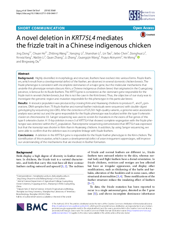 (PDF) KRT75L4 Deletion Impacts Frizzle Feathers in Kirin