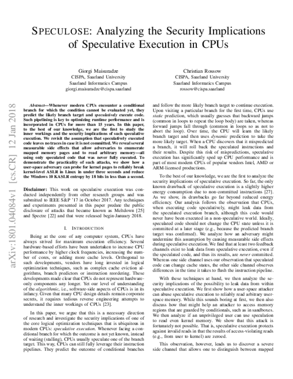(PDF) Speculose: Analyzing the Security Implications of Speculative Execution in CPUs