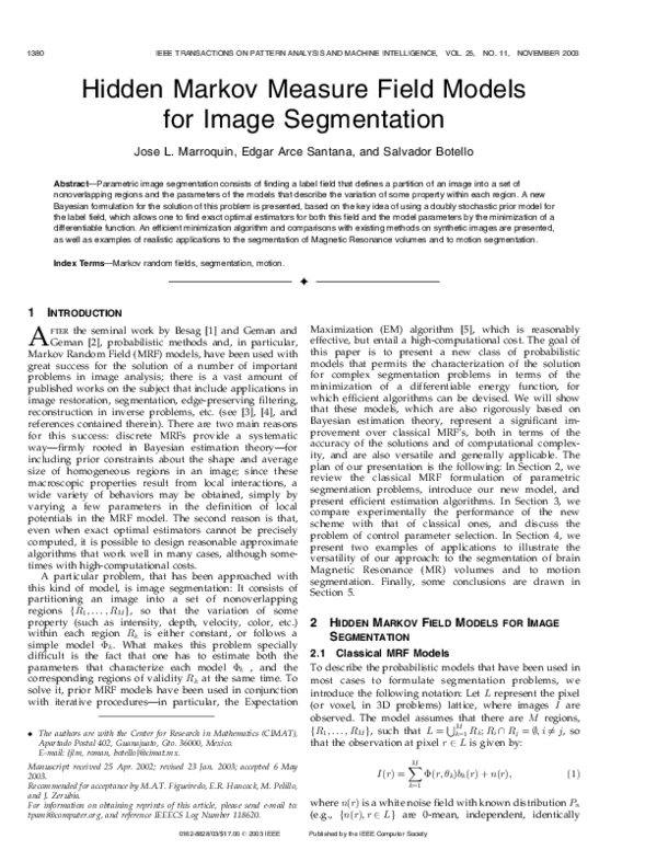 Pdf Bayesian Hidden Markov Models For Image Segmentation