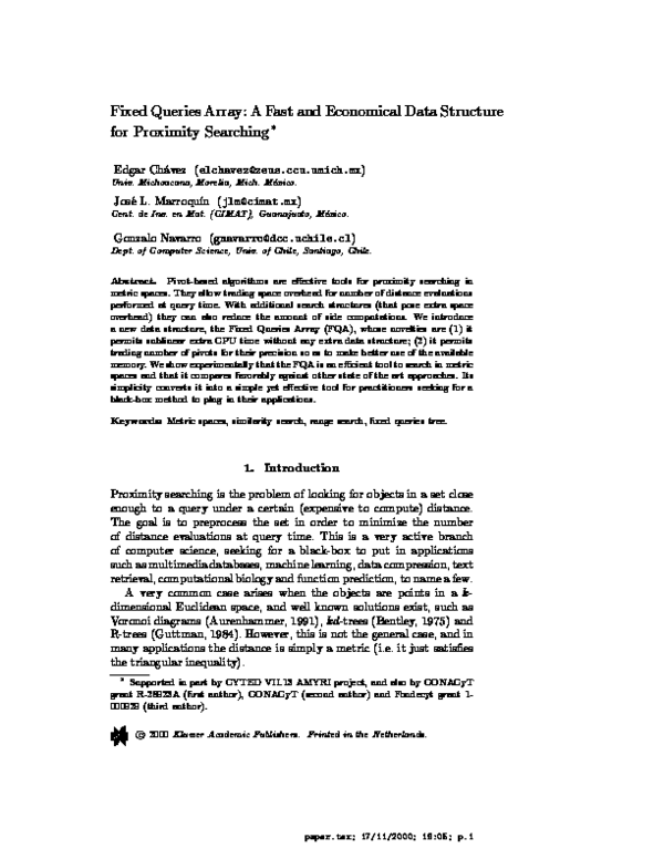 Pdf Fixed Queries Array A Fast And Economical Data Structure For Proximity Searching