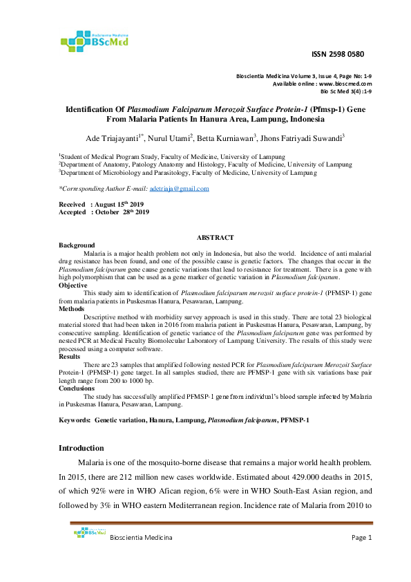 (PDF) Identification of Plasmodium Falciparum Merozoit Surface Protein ...