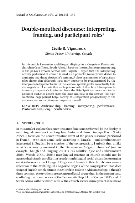 (PDF) Double-mouthed discourse: Interpreting, framing, and participant ...