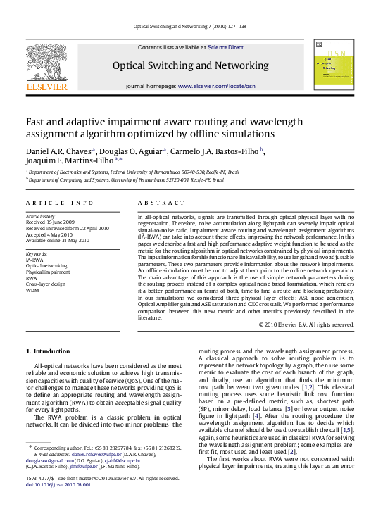 (PDF) Fast and adaptive impairment aware routing and wavelength assignment algorithm optimized ...