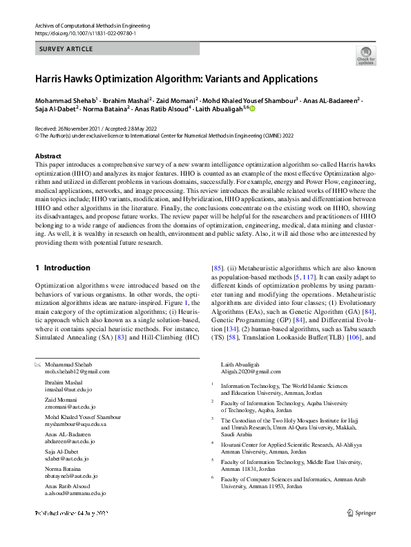 (PDF) Harris Hawks Optimization Algorithm: Variants and Applications