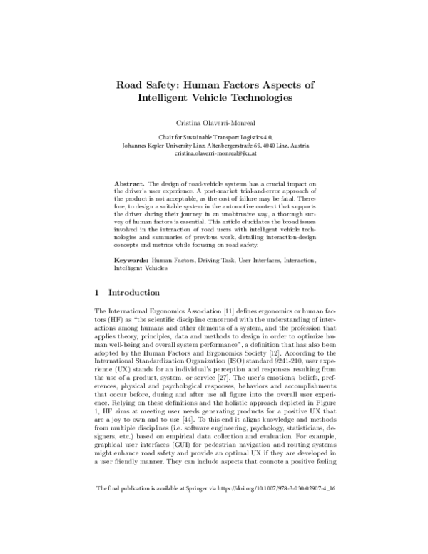(PDF) Road Safety: Human Factors Aspects of Intelligent Vehicle ...