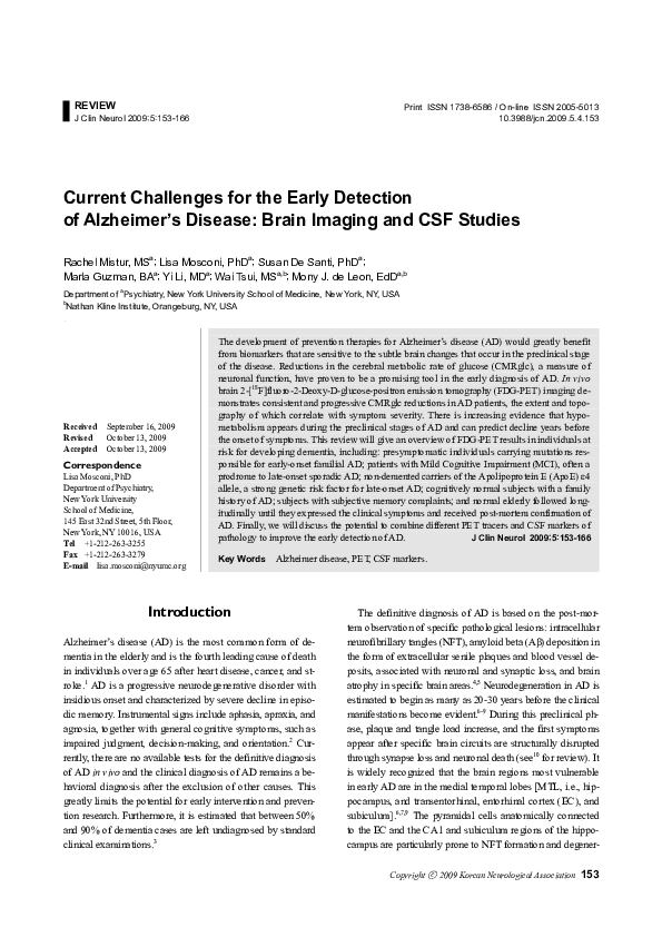 (PDF) Current Challenges for the Early Detection of Alzheimer's Disease ...