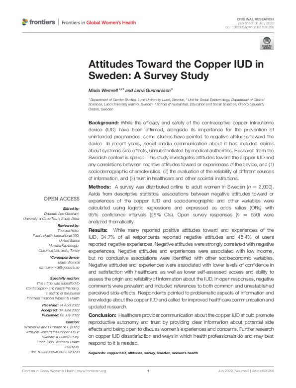 (PDF) Attitudes Toward the Copper IUD in Sweden: A Survey Study