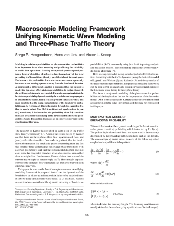 Pdf Macroscopic Modeling Framework Unifying Kinematic Wave Modeling And Three Phase Traffic