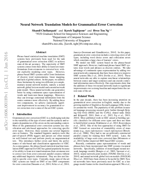(PDF) Neural Network Translation Models for Grammatical Error Correction
