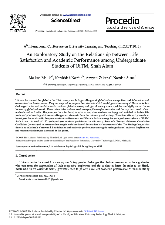 (PDF) An Exploratory Study on the Relationship between Life Satisfaction and Academic ...